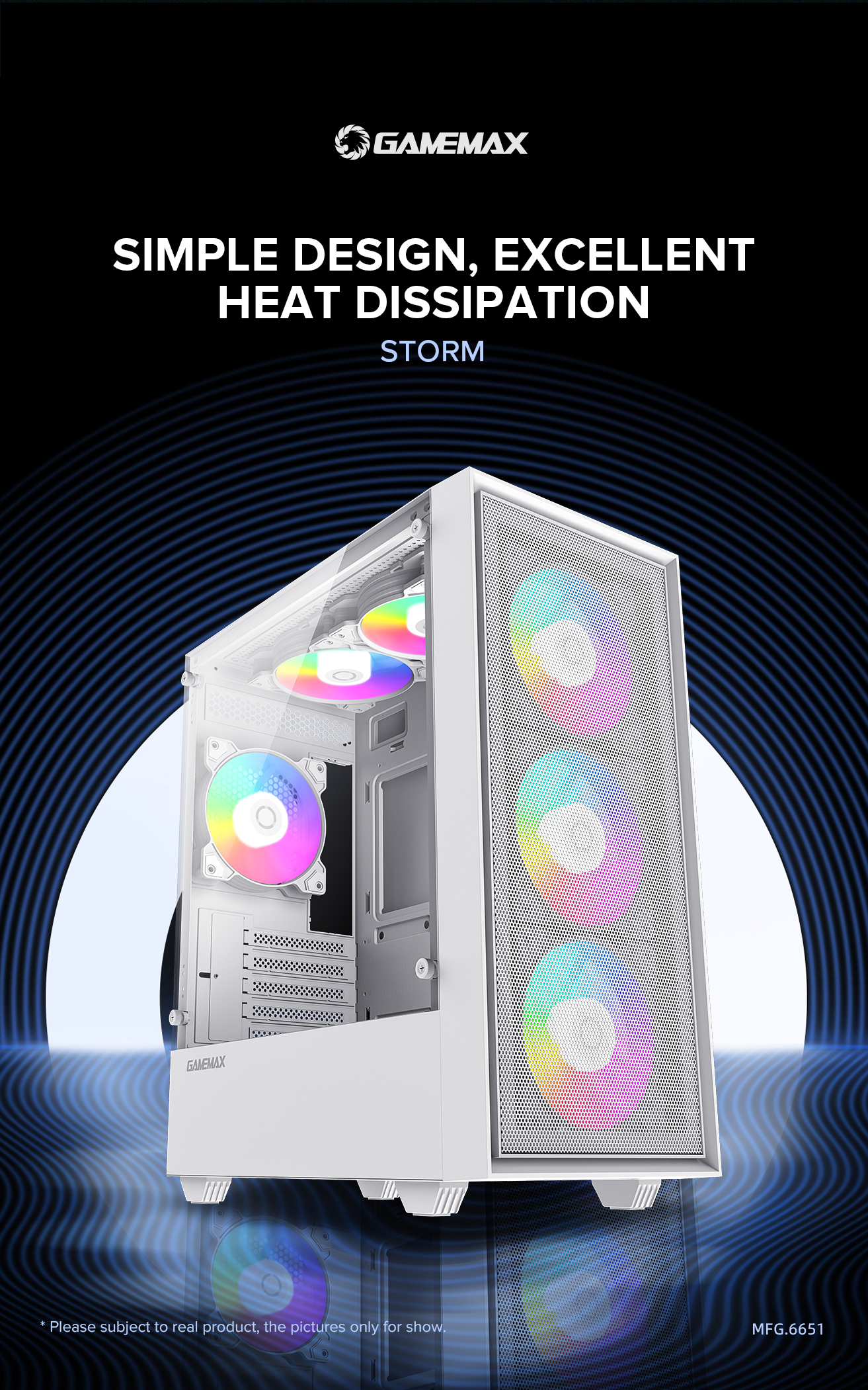 GAMEMAX Storm WH White Micro-ATX Gaming Case-Pre-installed 1x Autoflow Rainbow LED Fan x Rear ...